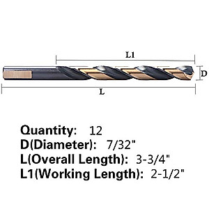 12 PCS 7/32" HSS Black and Gold Coated Twist Drill Bits, Metal Drill, Ideal for Drilling on mild Steel, Copper, Aluminum, Zinc Alloy etc. Pack in Plastic Bag