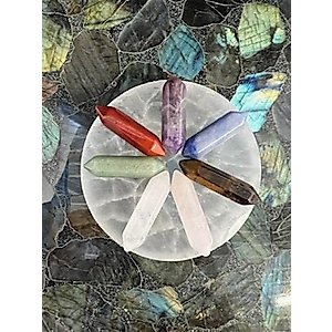 CrystalsAhoy 3" Selenite Charging Plate with TWO Chakra Sets included, polished round and double pointed chakra crystals