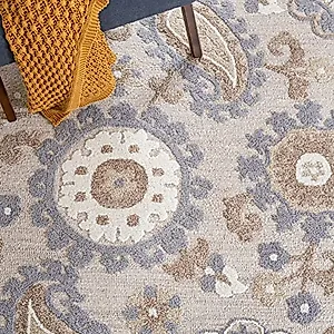 SAFAVIEH Blossom Collection Area Rug - 8' x 10', Grey & Beige, Handmade French Country Floral Wool, Ideal for High Traffic Areas in Living Room, Bedroom (BLM375F)