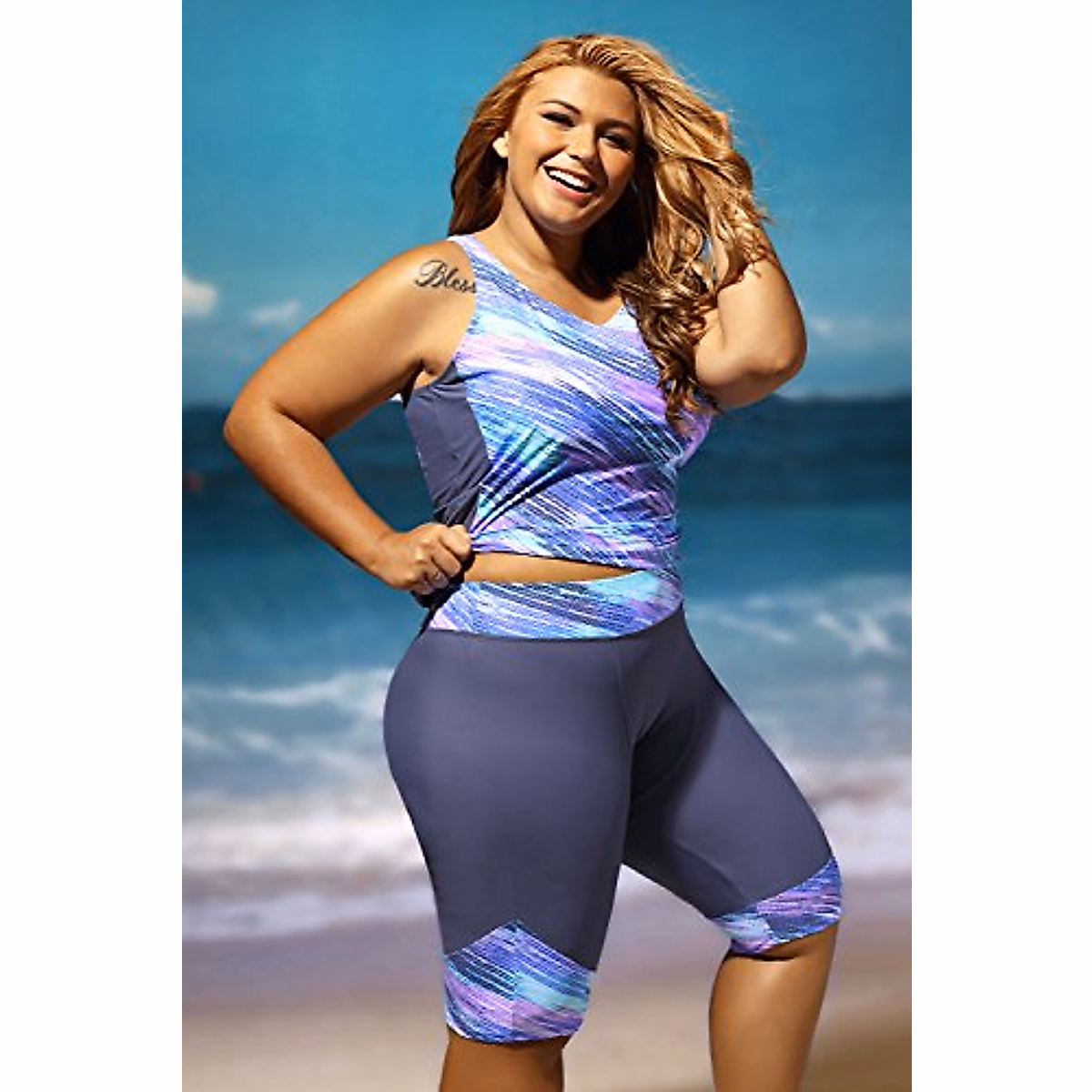 JooMeryer Women's Zigzag Print Plus Size Two Piece Tankini Swimsuits Swimwear,Blue & Grey,5XL