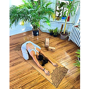 Yoga World Cork Mandala Yoga Mat - Non-Slip Surface & Anti-Skid TPE Underside - Strong Grip on Wet & Dry Surfaces - Soft Floor Cushion for Exercises - 183 x 61 x 0.4cm (Black)