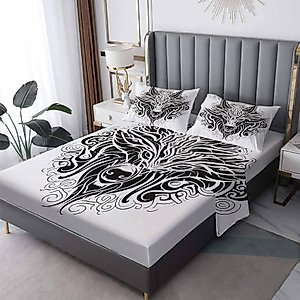 Viking Wolf Sheets Full Size Sheet Sets - Norse Mythology Bed Sheets, Soft Microfiber & Deep Pocket & Wrinkle Free Patterned Bedding Sheets & Pillowcases, 1 Fitted Sheet, 1 Flat Sheet, 2 Pillow Cases