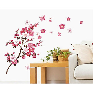 SWORNA Nature Series Branch Pink Flowers & Butterfly Removable Vinyl Mural Wall Art Decor Home Stickers Decals Bedroom/Hallway/Sitting/Living Room/Kids Nursery (29.5’’H X 65’’W, Brown & Pink,X-L)
