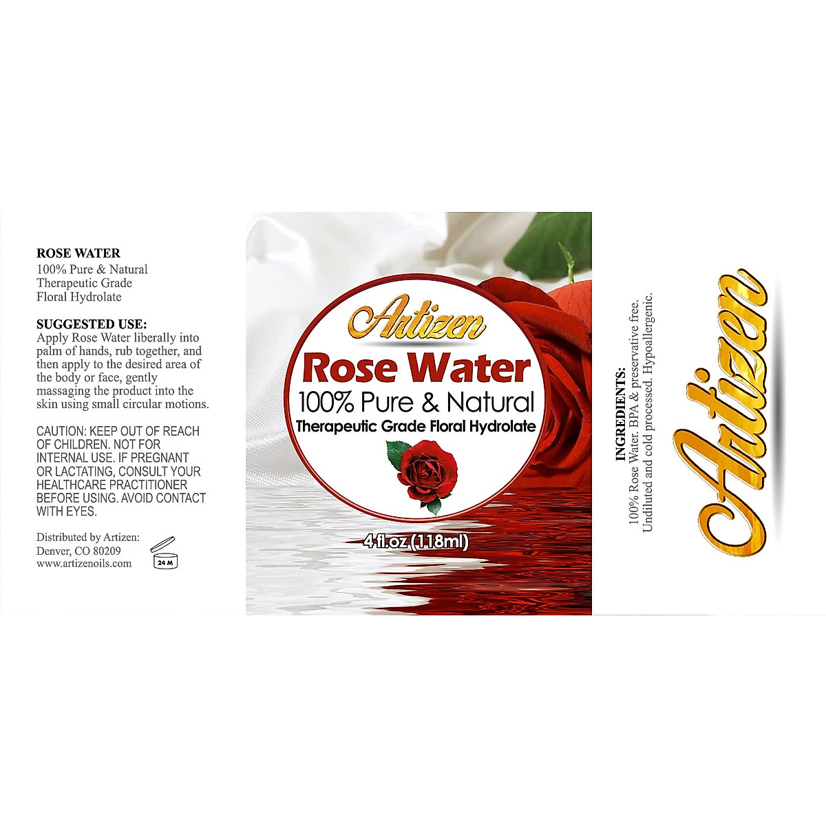 Artizen 100% Pure Rose Water (HUGE 4 OUNCE BOTTLE) Natural Moroccan Rosewater - Beautiful Fresh Fragrance - Perfect Facial & Skin Toner & Moisturizer