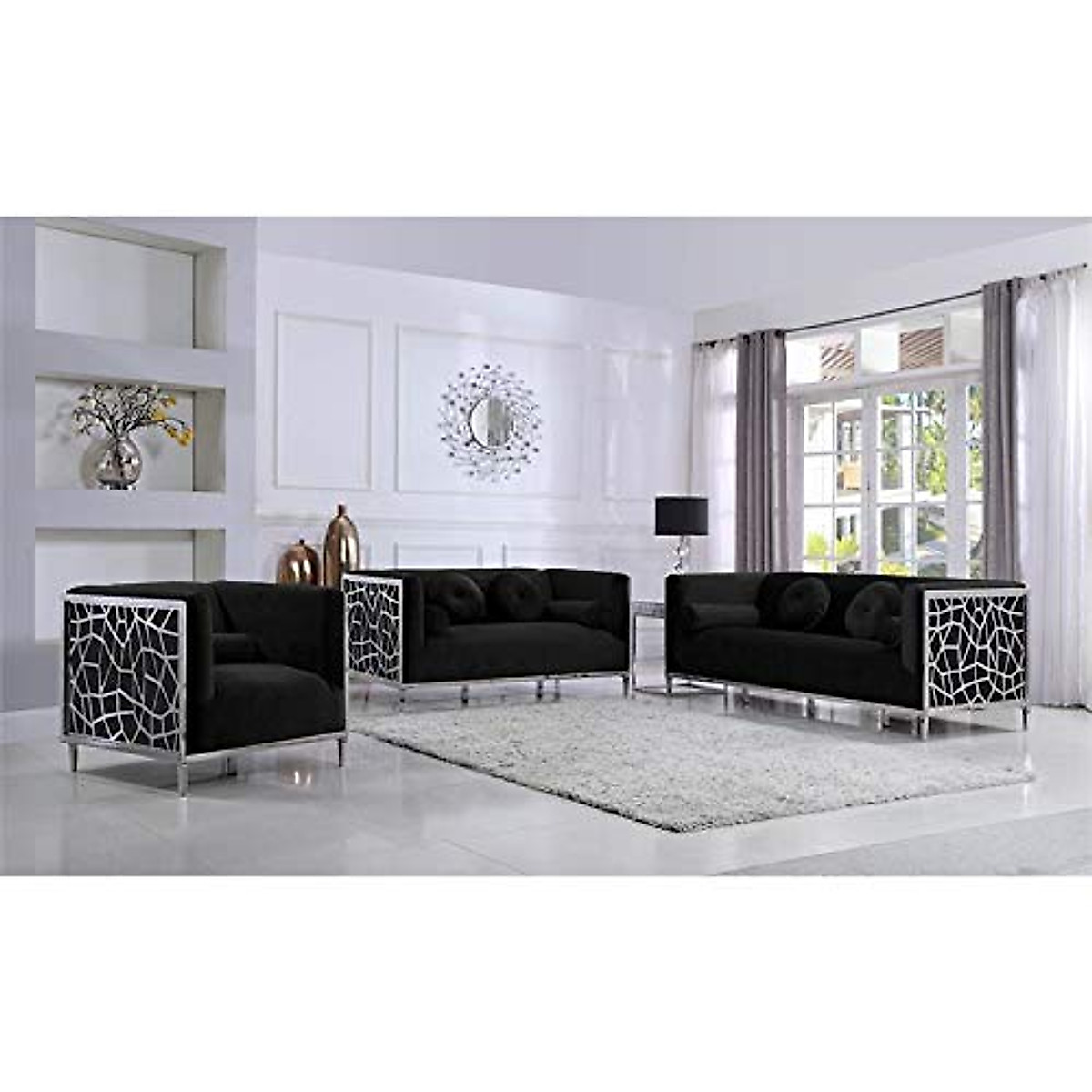 Meridian Furniture Opal Collection Modern | Contemporary Velvet Upholstered Loveseat with Intricate Chrome Stainless Steel Design, Black, 64.5" W x 33.5" D x 30.5" H
