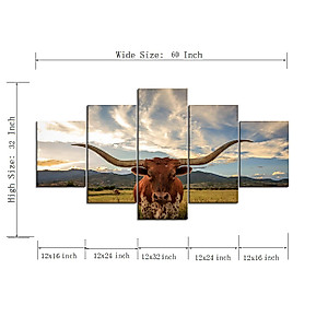 5 Piece Animal HD Painting Canvas Prints Texas Longhorn Steer in Rural Utah Giclee Artwork Modern Framed and Stretched Wall Art Painting for Living Room Decor - 60''W x 32''H