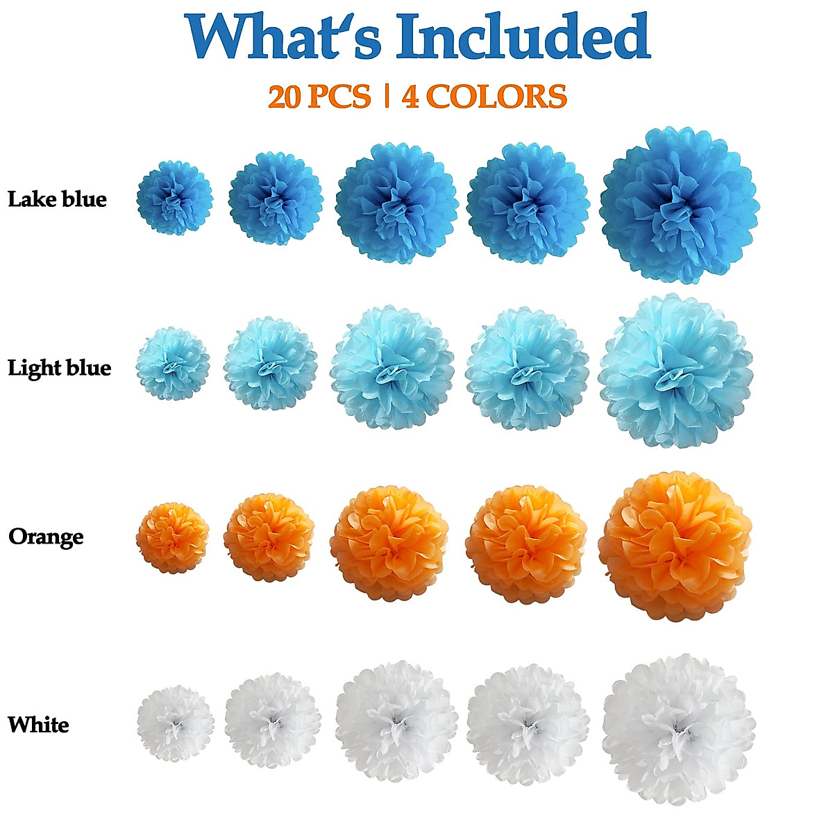 20PCS Acqua Blue,Light Blue,Orange & White Tissue Paper Pom Poms Set-Ideal for Birthday,Bridal Showers,Wedding,Baby Shower Party Decorations (14",10",8",6)