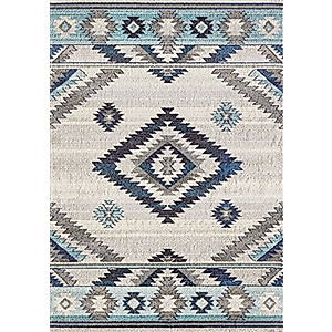 Handcraft Rugs-Southwestern Native American Modern / Faded Area Rug - Bone Gray / Navy Blue / Ivory / Aqua