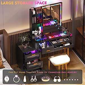 Gurexl RGB Vanity Desk with Mirror and Lights, Glass Top Makeup Vanity Table with Wireless Charging Station, Modern Dressing Table with 24 Lighting Modes, Cushioned Stool Included