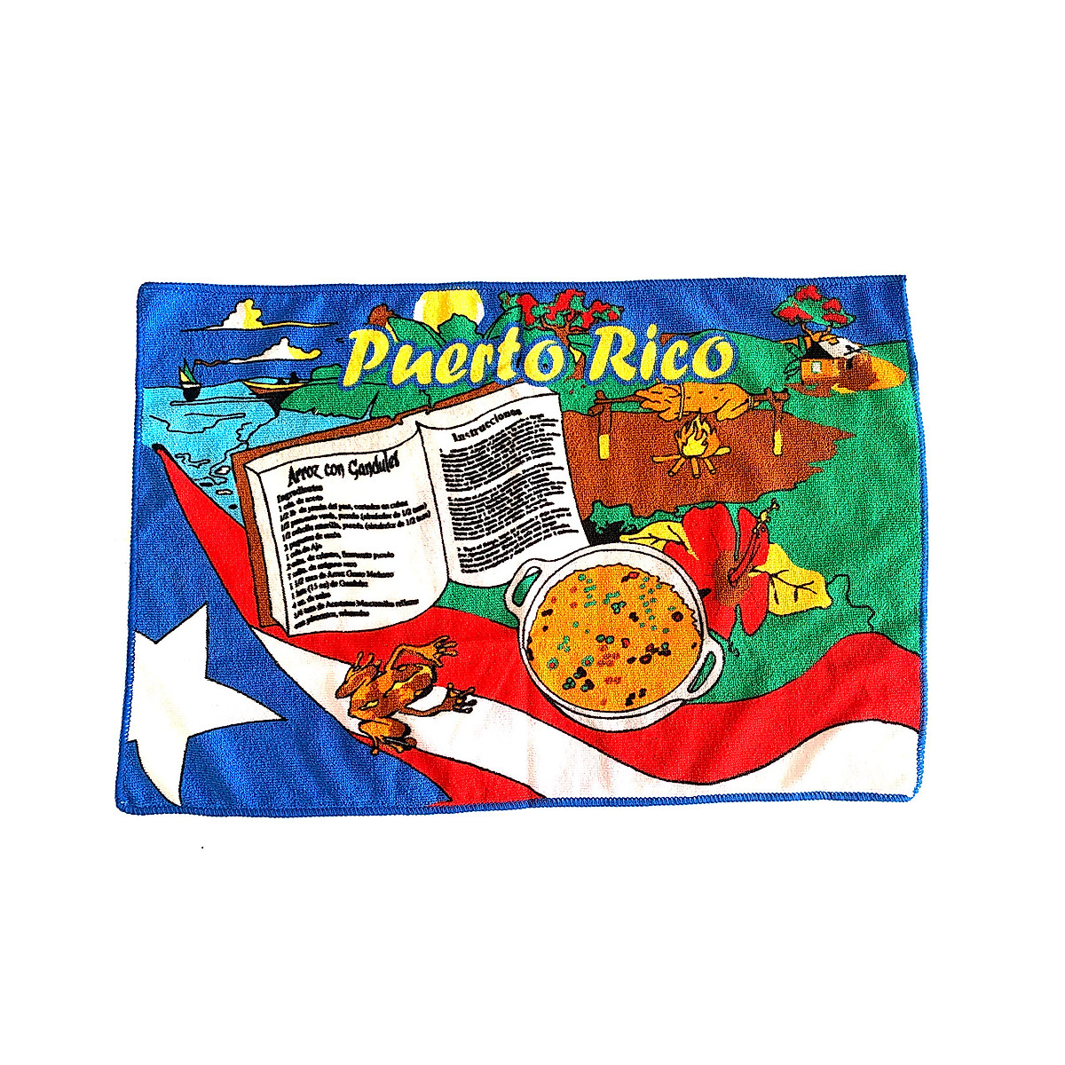 Rubio Puerto Rico Kitchen Towel with Typical Images of Flag, Coquí, Lechon a la Varita, Amapola Flower, Flamboyan Tree and Arroz con Gandules