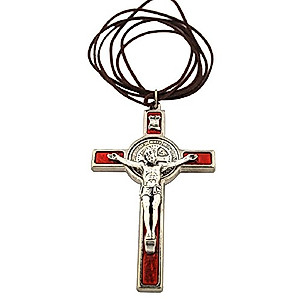 St. Benedict Crucifix with Round St. Benedict Medal Inlay | 3" Silver-Tone and Red Enamel Cross with Cord and Booklet | Patron Saint of Students and Europe | Made in Italy