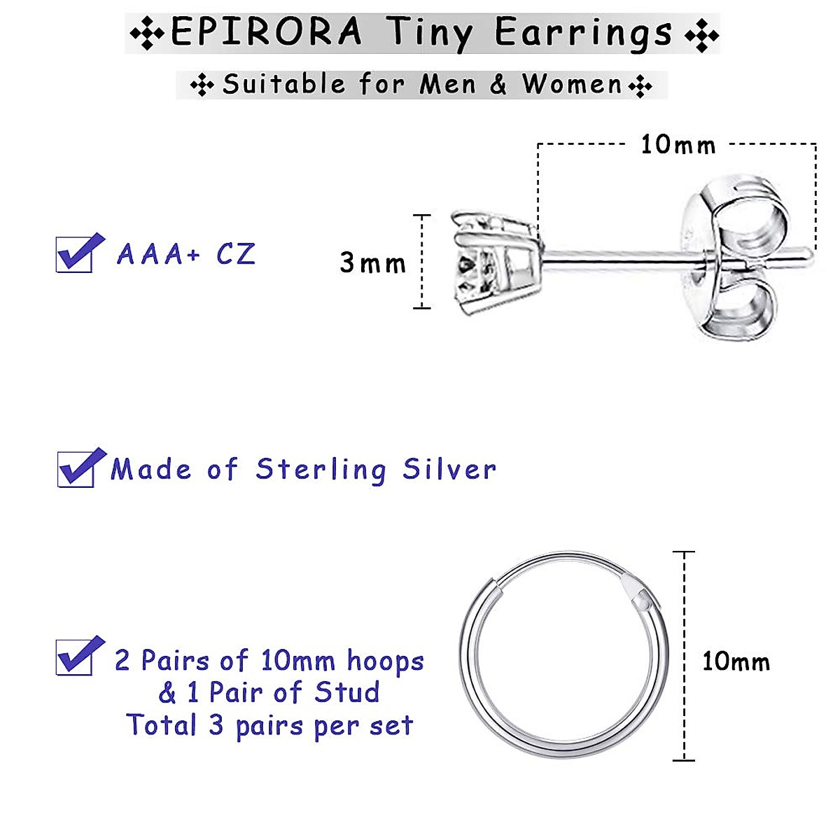 EPIRORA Sterling Silver Stud Earrings Small Cartilage Hoop Earrings for Women Men- 3 Pairs of Hypoallergenic Tiny Earring Set, Including 1 pair of 3mm Cubic Zirconia Earrings & 2 Pairs of 10mm Hoops