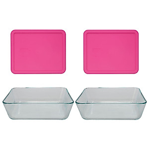 Pyrex (2 7212 Glass Dishes & (2) 7212-PC Berry Pink Lids Made in the USA