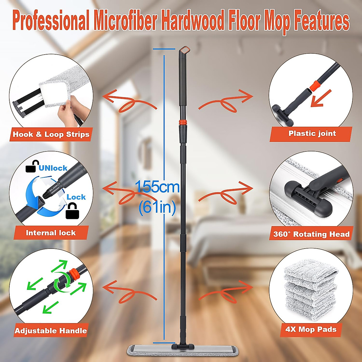 18 Professional Microfiber Mop Large Flat Mops for Floor Cleaning 4 Reusable Washable mop Pads Hardwood Cleaning System Wet and Dust Mop with 61in Long Stainless Steel Handle