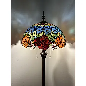 enjoy decor lamps Tiffany Floor Lamp Red Orange Blue Stained Glass Rose Flowers Included LED Bulbs for Living Room Bedroom Office Hotel H64*W16 in