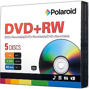 Polaroid PRDVDPRW05J DVD+RW 4.7GB 120-Minute 4x Rewritable DVD Disc, 5-Pack Slim Case