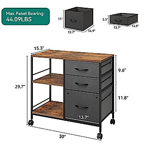 YITAHOME 3 Drawer Lateral File Cabinet, Mobile Printer Stand with Open Storage Shelf, Fabric Filing Cabinet for Home Office, Rolling File Cabinet Fits A4/Letter Size, Dark Grey