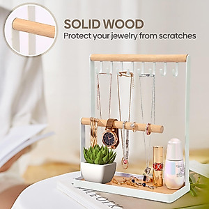 Portin Jewelry Organizer Display Stand Holder with Wooden Ring Tray and Hooks Storage Necklaces Bracelets, Rings, Watches Metal Desk Organizer Stand