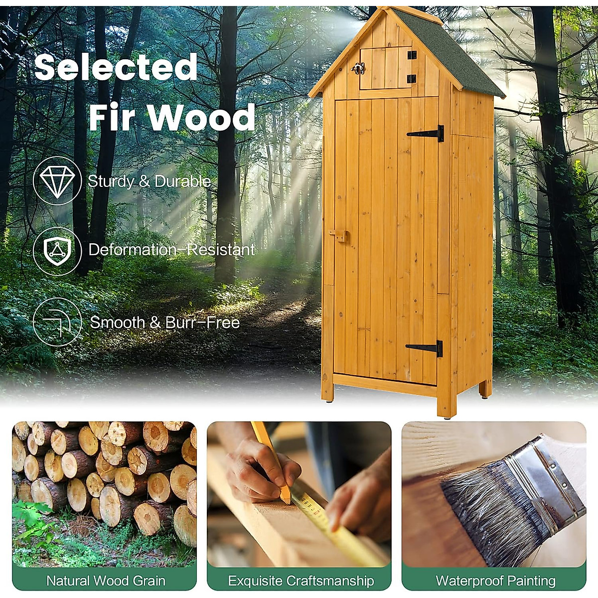 Outdoor Storage Cabinet, Garden Wood Tool Shed, Outside Wooden Shed Closet with Shelves and Latch for Yard, Patio, Deck and Porch,30.3”L X 21.3”W X 70.5”H (Natural)