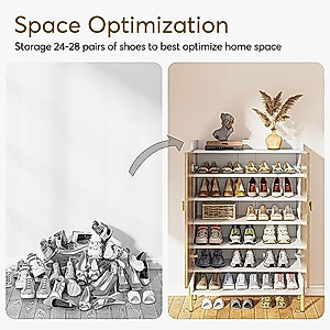 LITTLE TREE Storage Organizer Cabinet Wood Shoe Rack with Doors Adjustable Shelves, Wood & White