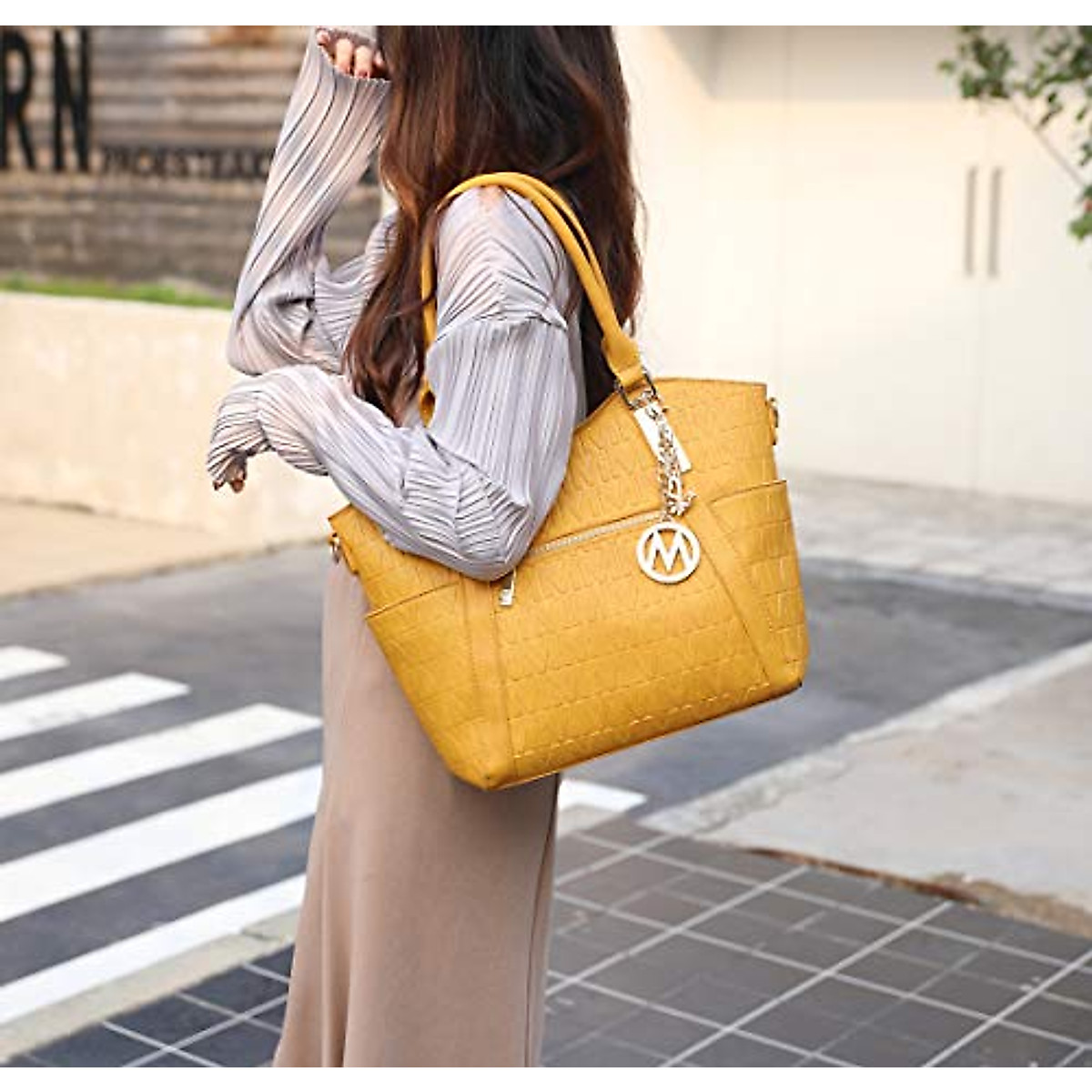 MKF Shoulder Bag for Women: PU Leather Tote Satchel Handbag – Crossbody Top-Handle Purse, Ladies Fashion Pocketbook Mustard