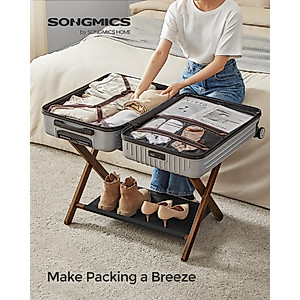 SONGMICS Luggage Rack, Folding Suitcase Stand with Storage Shelf, for Guest Room, Hotel, Bedroom, Heavy-Duty, Holds up to 131 lb, Walnut Brown URLR007D01