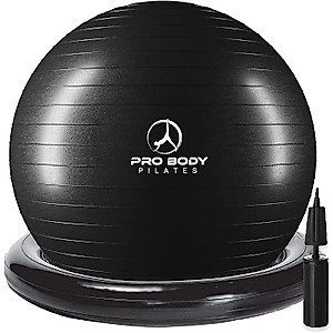 ProBody Pilates Ball Yoga Ball Chair, Exercise Ball Chair with Base or Stand for Home Office Desk Sitting or Workout, 65cm Antiburst Balance Ball & Stability Ball Seat for Back, abs (Black)