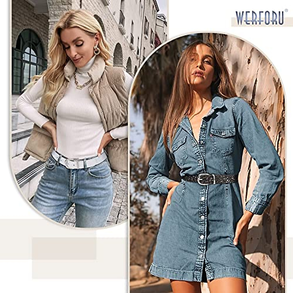 WERFORU Women Shiny Bling Sequins PU Leather Waist Belt for Jeans Dress with Silver Pin Buckle, Black, Fit Waist Size 43-47 Inches-