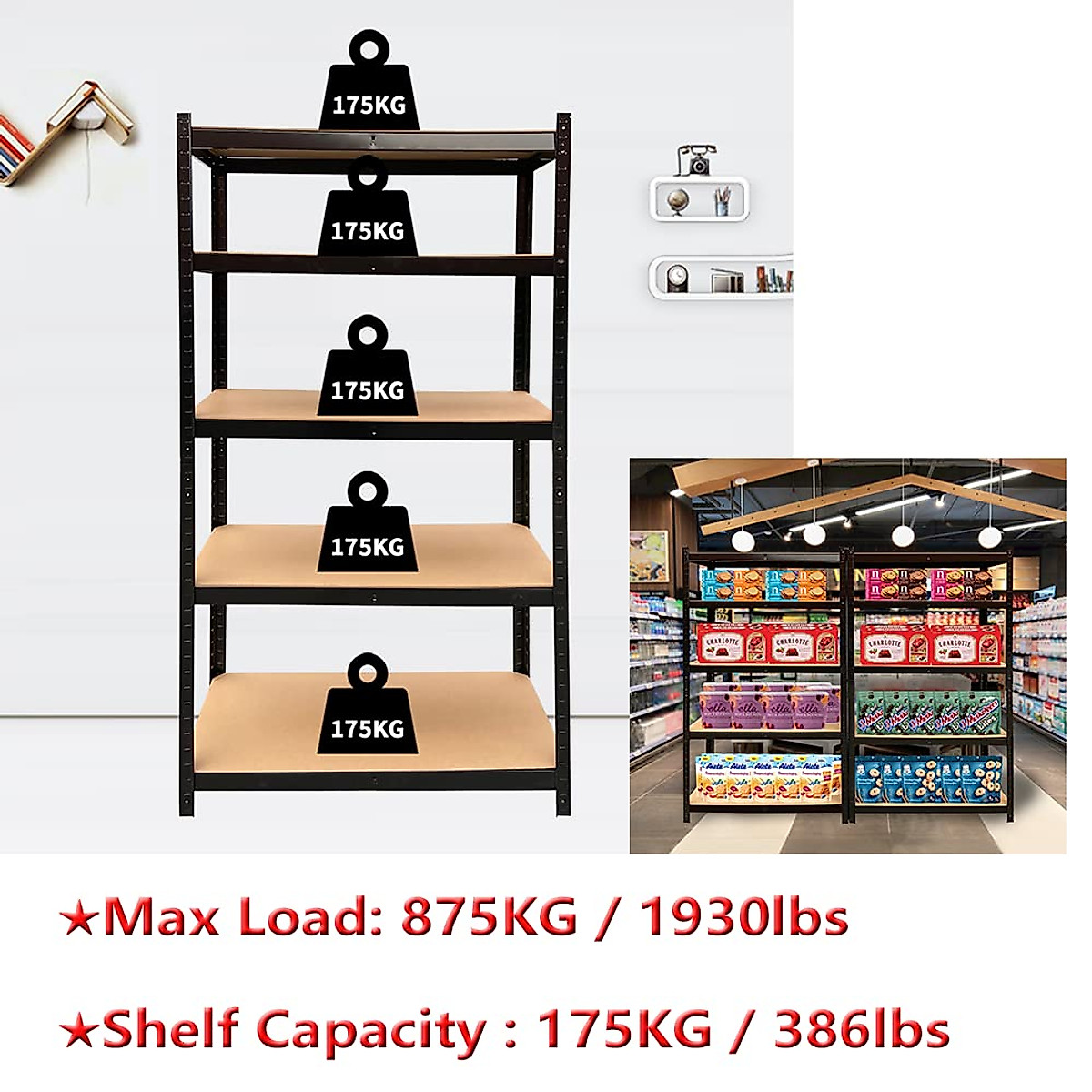 5 Shelf Garage Shelving, Heavy Duty Garage Storage Shelves with Adjustable Durable MDF Boards, Utility Rack Shelves Organization Multipurpose Shelf Max 1411lbs Load Capacity, 35"W x 16.5"D x 70"H