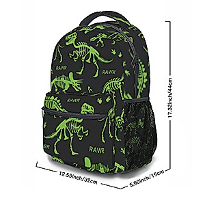 Dacawin Green Dinosaur Skeleton Backpacks Dinosaurs Bones Black School Backpack Casual Multipurpose Bookbag Lightweight Schoolbag for Kids Boys Girls Travel Camping