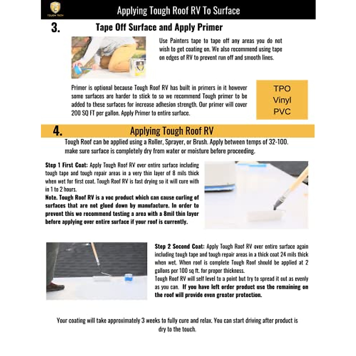 Tough Tech Coatings Tough Roof RV Coating kit - Permanent RV Roof Waterproofing Kit - for RVs, & Trailers Roofs Up to 25 FT Long - No Primer Required - 87% Solar Reflective - 3.5 Gal White