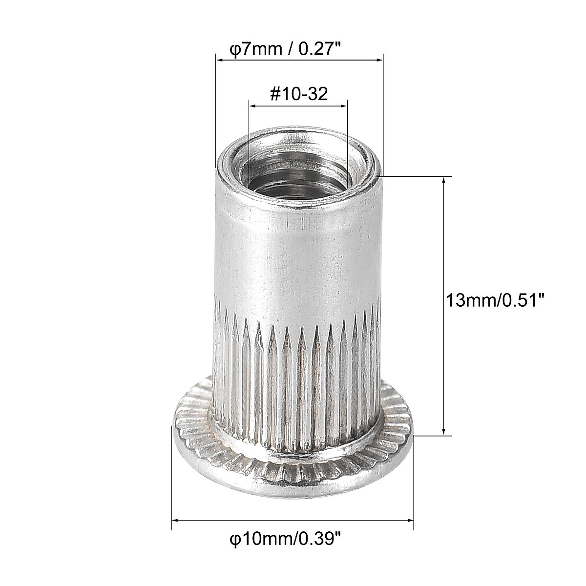 uxcell #10-32 Rivet Nuts Aluminium Alloy Knurled Flat Head Threaded Insert Nut Silver 50pcs