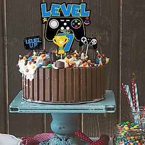 4PCS Level 17 Birthday Cake Toppers - Blue Glitter Video Game 17th Birthday Cake Picks - Boy's Birthday Gaming Theme Cupcake Toppers set - Level Up Winner Party Decoration Supplies