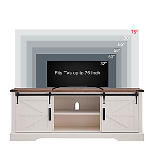 OKD Farmhouse TV Stand for 75 Inch TV with Sliding Barn Door, Rustic Wood Entertainment Center Large Media Console Cabinet Long Television Stands for 70 Inch TVs, Antique White