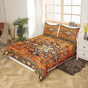 Ethnic Pattern Duvet Cover Queen, Orange Boho Bedding Set, Southwest Farmhouse Bohemian Floral Abstract Comforter Cover, Brown Geometric Exotic Tribal Flower Quilt Cover