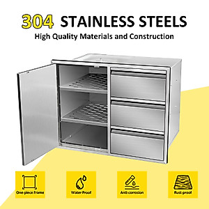 SGOLAN Outdoor Kitchen Door Drawer Combo Cabinet 28" W x 22" H x 19.5" D Stainless Steel Built-in Triple Drawers&Access Door Combo Cabinet for Outdoor Kitchen Island