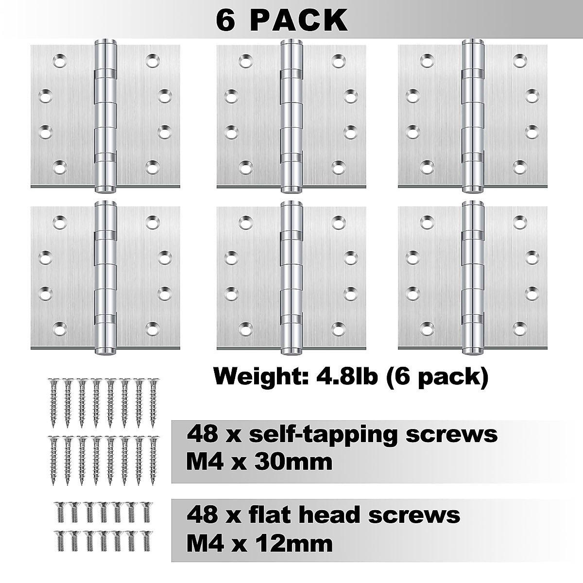 OTINUBEE 304 Stainless Steel Door Hinges 6 Pack, 4'' X 4''Heavy Duty Commercial Door Hinge with Silent Steel Plain Ball Bearing, Stainless Higne for Exterior & Interior Doors, Silver