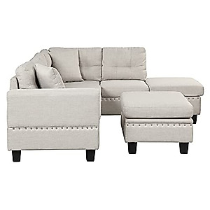 Eafurn L Shaped Sectional Reversible Chaise and Drop Down Table & Cupholders, Upholstery Corner Storage Ottoman, Tufted Convertible Sofa & Couch for Living Room Furniture Set, Gray