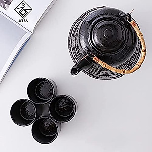 Japanese Asian Tea Set Ceramic Teapot with Strainer, Rattan Handle, 4 Tea Cups, Tea Scoop, Wooden Serving Tray and Instructions - Modern Teapot Set for Home and Office - Gift