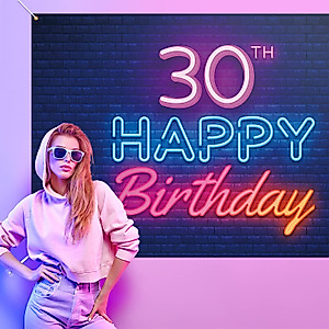 Glow Neon Happy 30th Birthday Backdrop Banner Decor Black – Colorful Glowing 30 Years Old Birthday Party Theme Decorations for Men Women Supplies