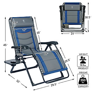 EVER ADVANCED Oversize XL Zero Gravity Recliner Padded Patio Lounger Chair with Adjustable Headrest Support 350lbs, Blue
