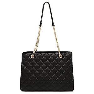 FOXLOVER Tote Handbags for Women, PU Leather Ladies Quilted Tote Bag Purses and Handbags with Chain Strap Women's Large Handbag (Black)