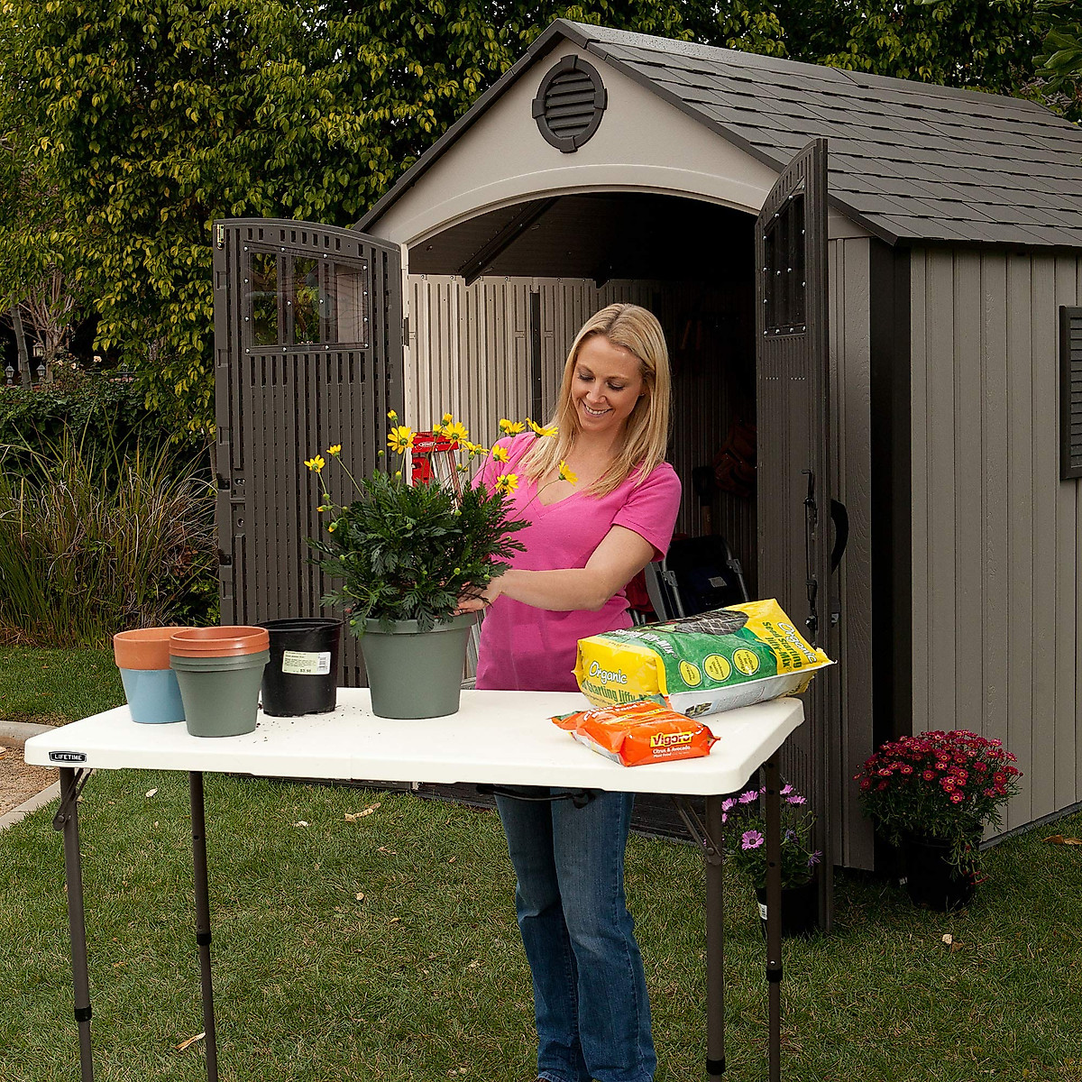 Lifetime 4432 4-Foot Half Adjustable Folding Table, Almond