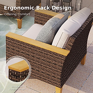 PHI VILLA 8-Piece Outdoor Furniture Wicker Set with 56" Gas Fire Pit Table Half-Moon Curved Patio Conversation Waterproof Rattan Sofa with Ottoman, Beige