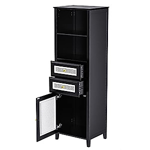 OPTOUGH Boho Style Slim Tall Storage Narrow Bathroom Corner Rattan Door Mid Century Modern Tower Freestanding Cabinet Organizer with Metal Handles for Kitchen, Living Room, Bedroom, Black