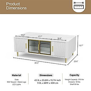 IKIFLY Modern Slate Coffee Table with 16 Colors LED Lights and Glass Doors, Durable Rectangle Design End Table for Living Room Bedroom