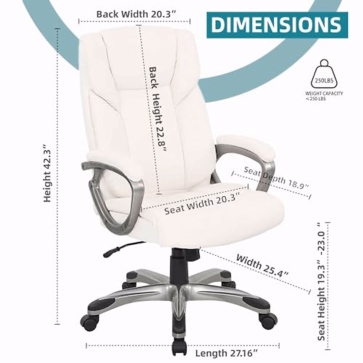JC Home Executive Swivel Desk Silver Finished Padded Armrest and Chrome Frame Office Chair, Large, Ivory