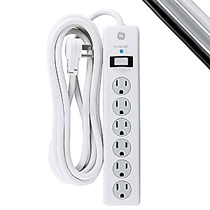 GE 6-Outlet Surge Protector, 8 Ft Extension Cord, Power Strip, 800 Joules, Flat Plug, Twist-to-Close Safety Covers, Protected Indicator Light, UL Listed, White, 14014