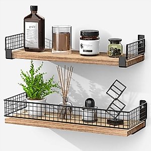 Tatub Floating Shelves with Metal Mesh Edge, Durable Bathroom Shelves for Wall Storage, Wood Wall Mounted Shelves for Living Room, Bedroom, Kitchen and Home Office, Set of 2 (Carbonized Black)