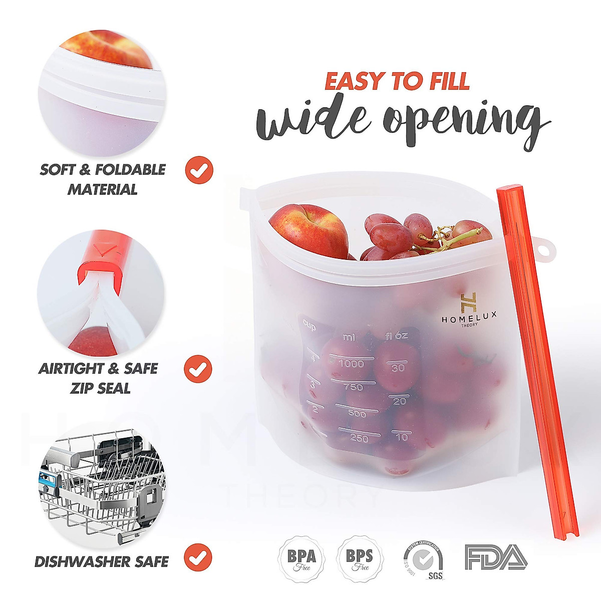 Homelux Theory Reusable Freezer Bags | LEAKPROOF, AIRTIGHT | 100% Food Grade Silicone Food Storage Bags| Reusable Sandwich Bags | travel picnic lunch Reusable Snack Bags (2 Large + 2 Medium + 2 Small)